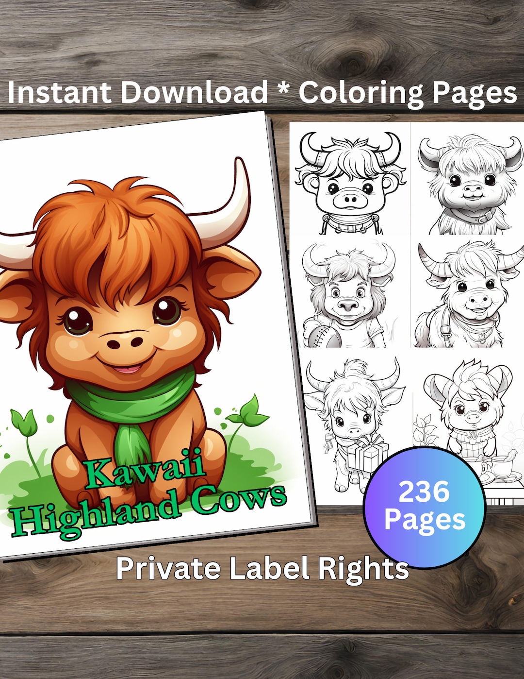 236 Kawaii Highland Cows Kids Coloring Book Pages Amazon KDP Halloween ...