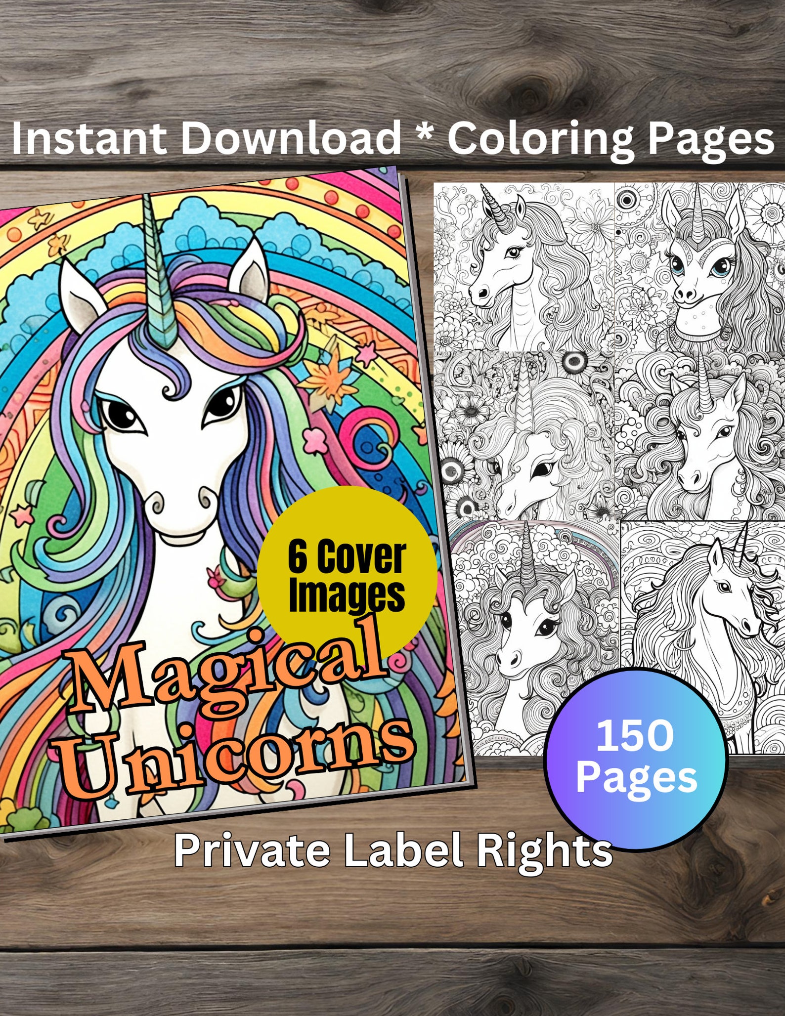 150 Magical Unicorns Coloring Book Pages Plus 6 Cover Images Printable ...