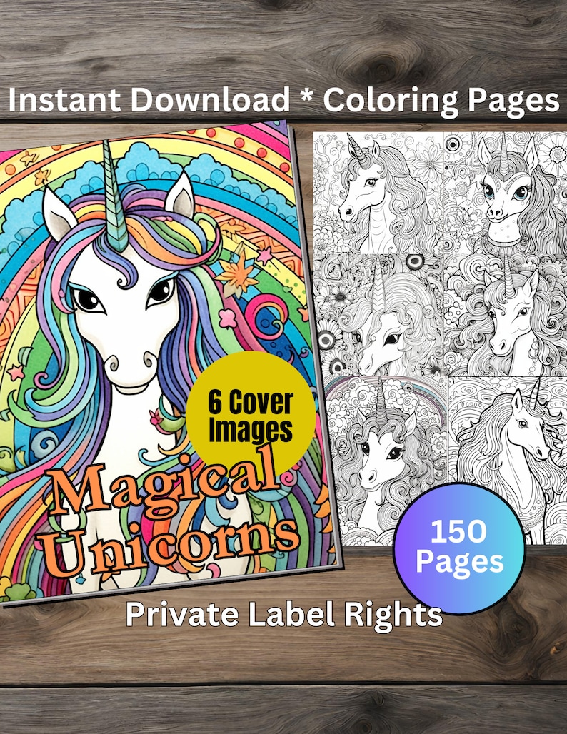 150 Magical Unicorns Coloring Book Pages Plus 6 Cover Images Printable ...