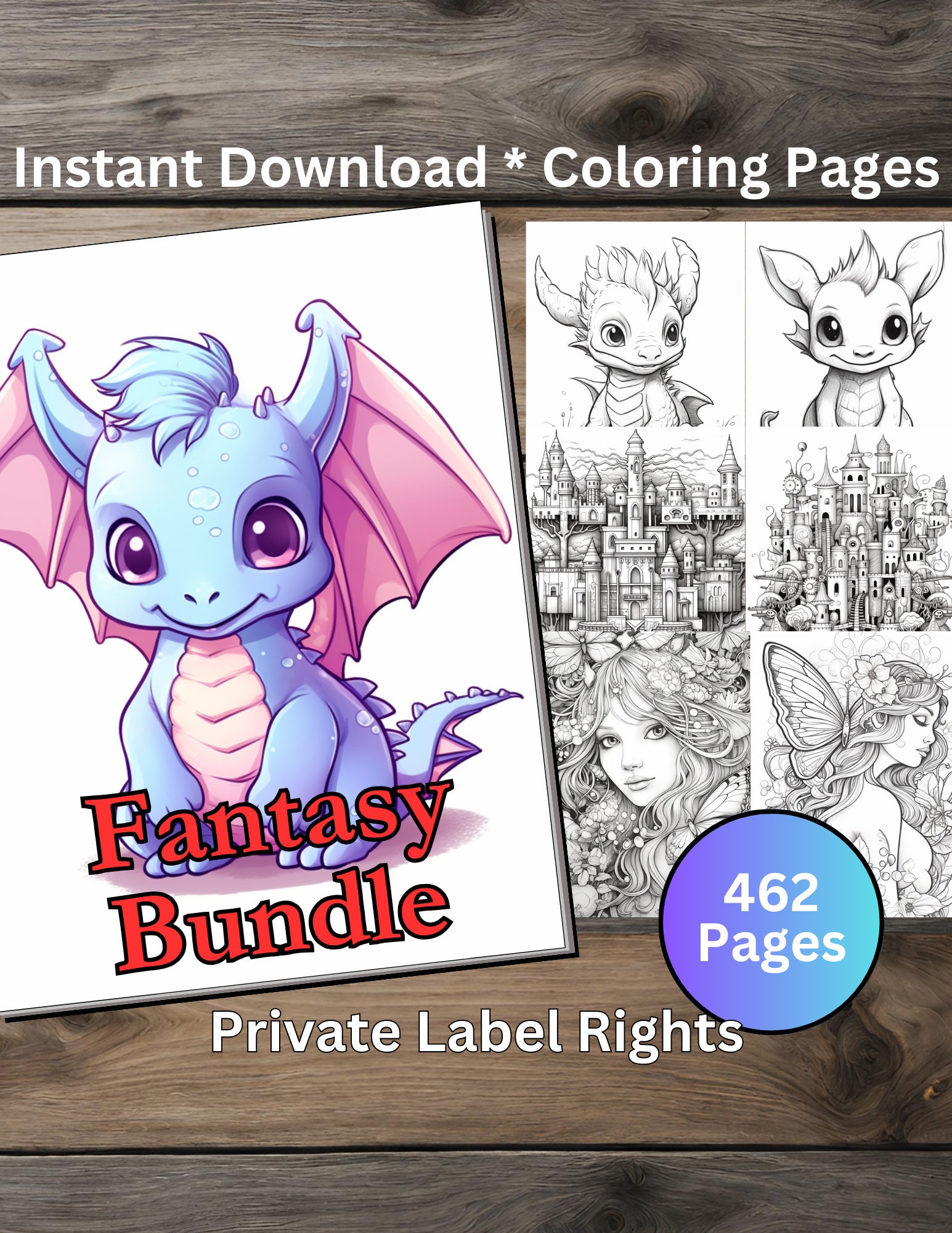 Fantasy Bundle 150 X 3 Coloring Pages PLR. Fairies, Castles, and Baby ...