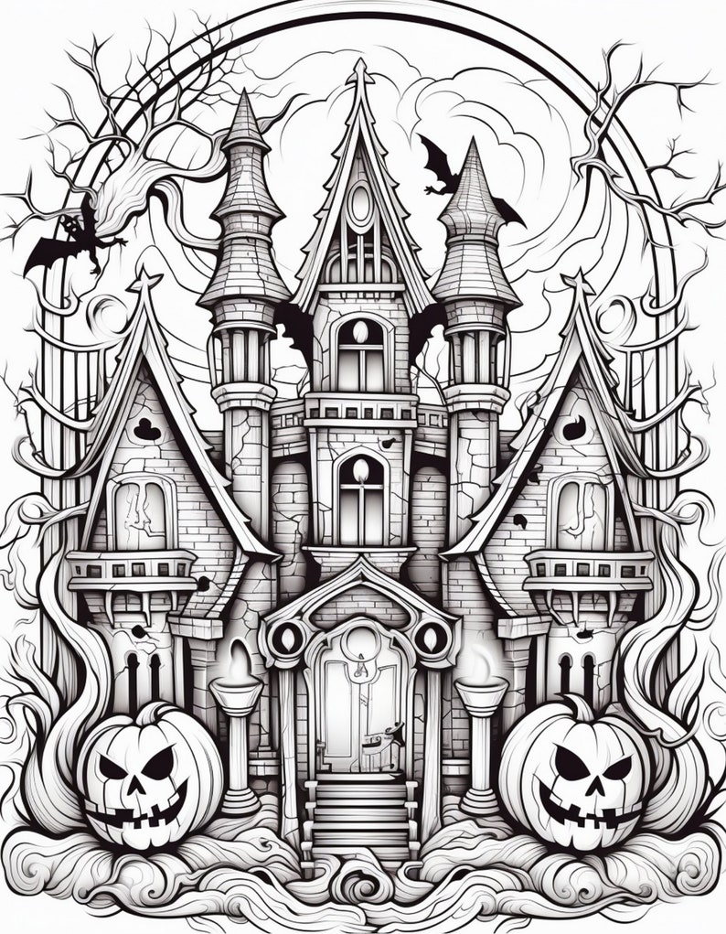 149 Halloween Haunted Castles Adult Coloring Pages Amazon KDP Coloring ...