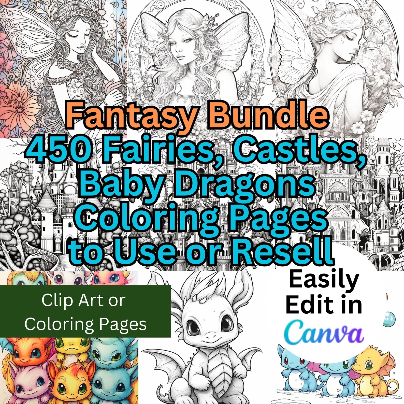 Fantasy Bundle 150 X 3 Coloring Pages PLR. Fairies Castles - Etsy