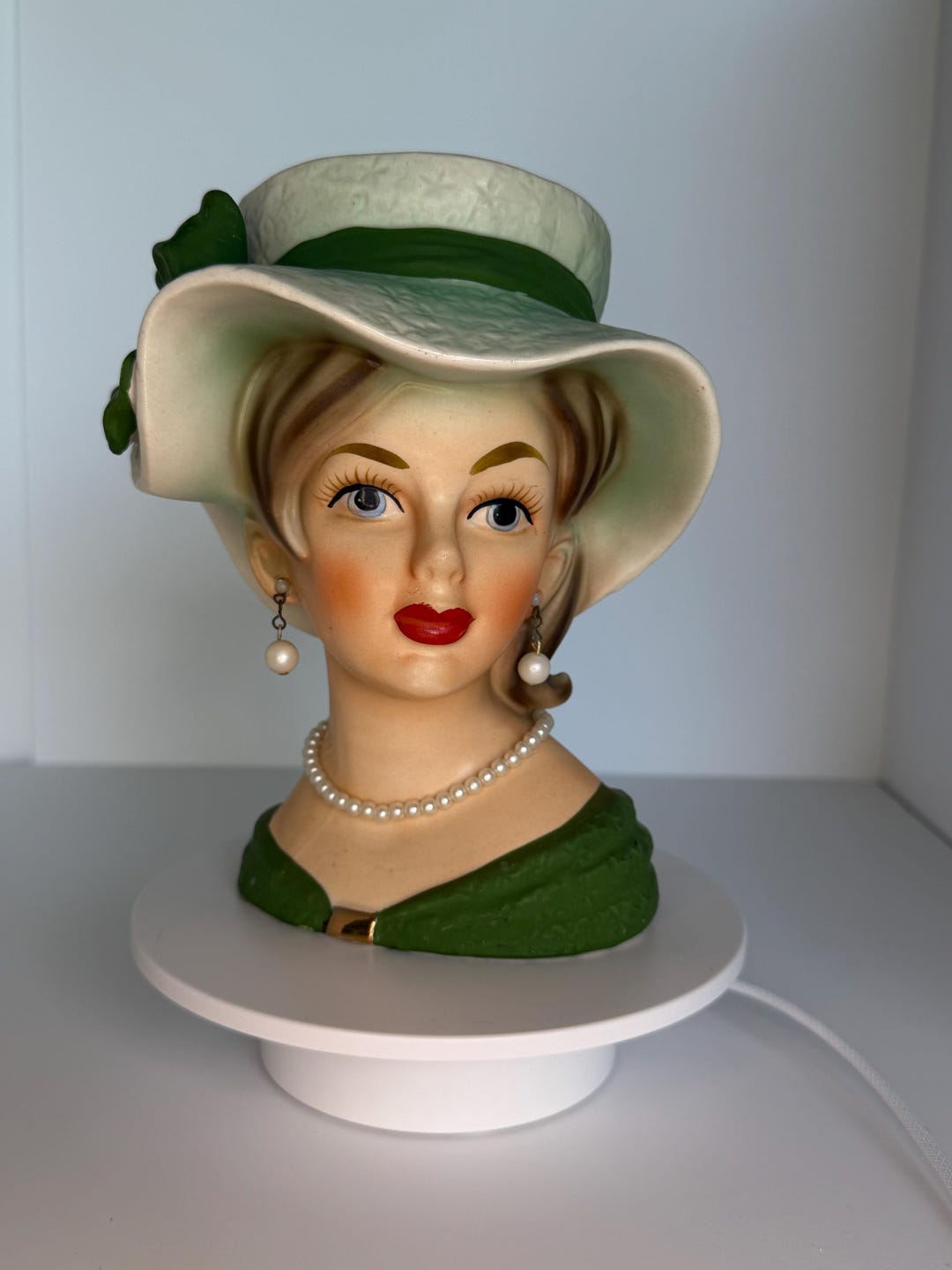 Lady Head Vase. Stylish Lady Wearing a Green Hat With Bow, Relpo K 1679 ...