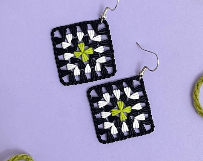 Granny Square Dangle Polymer Clay Earrings | Dark Bright Pastel Color ...