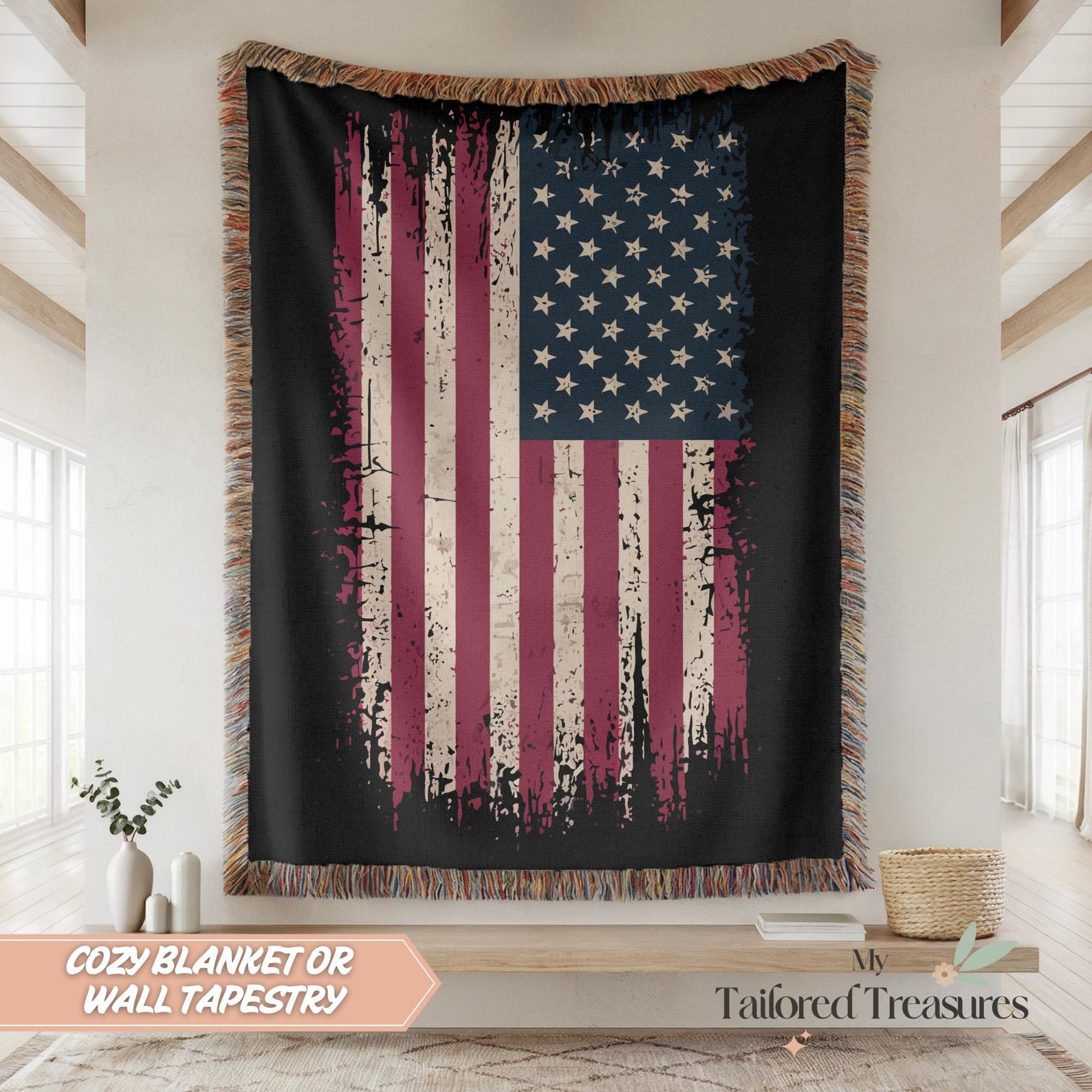 Distressed American Flag Throw Woven Blanket, Patriotic USA Home Decor ...
