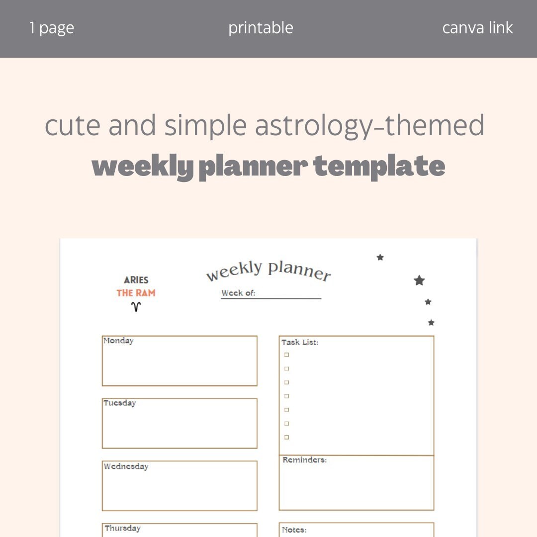 Simple Astrology-themed Weekly Planner (ARIES) - Canva Editable! - Etsy