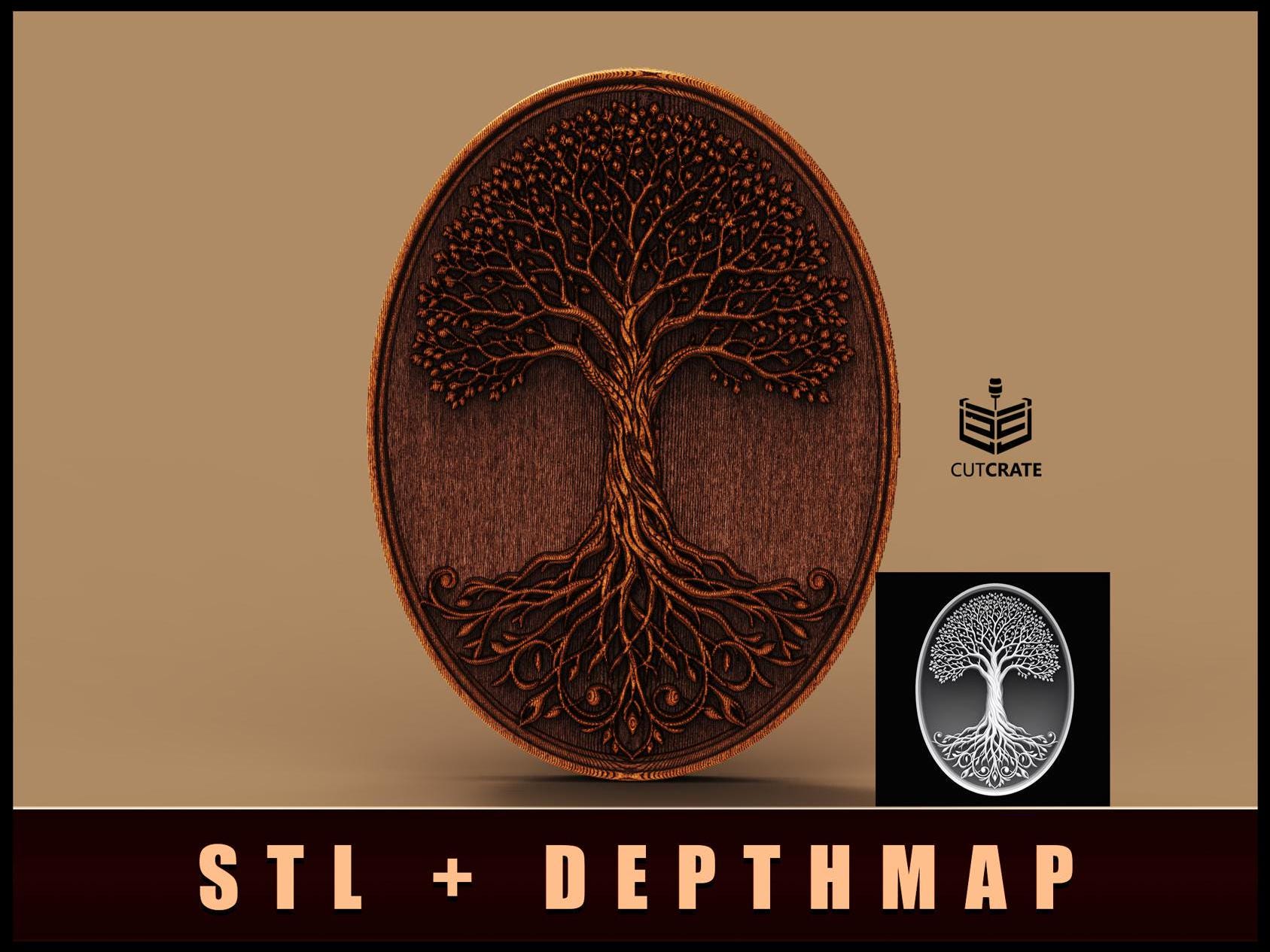Tree of Life, Oval - 3D STL Model for CNC, Depthmap for Laser Engraver ...