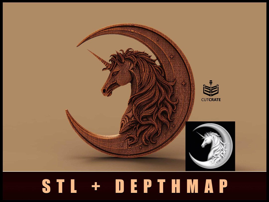 Unicorn, Moon - 3D STL Model for CNC, Depthmap for Laser Engraver, CNC ...