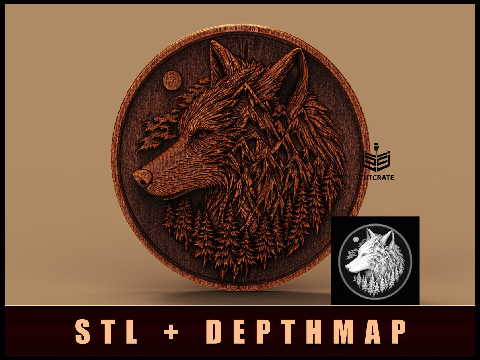 Wolf, Mountains - 3D STL Model for CNC, Depthmap for Laser Engraver ...