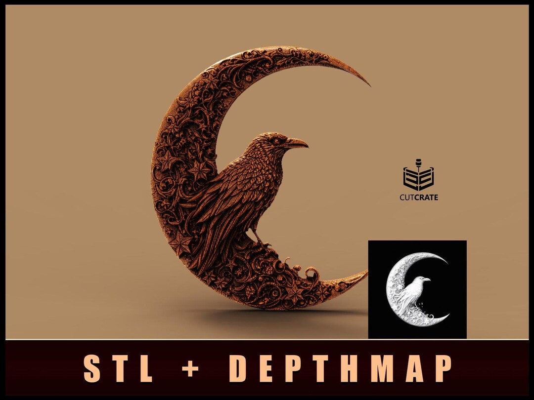 Raven, Moon - 3D STL Model for CNC, Depthmap for Laser Engraver, CNC ...