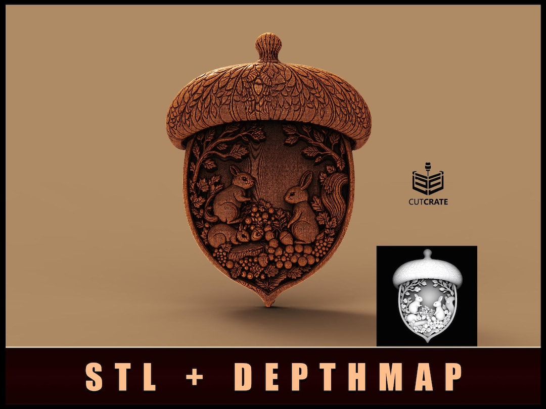 Acorn, Squirrels - 3D STL Model for CNC, Depthmap for Laser Engraver ...