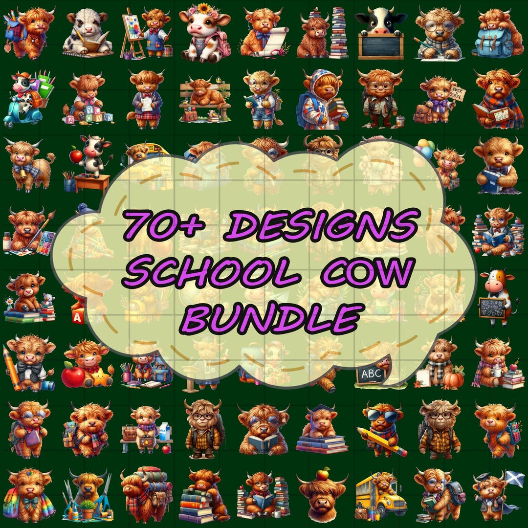 70+ Designs Cute Cow Back to School Bundle Png, Cow Go to School Png ...