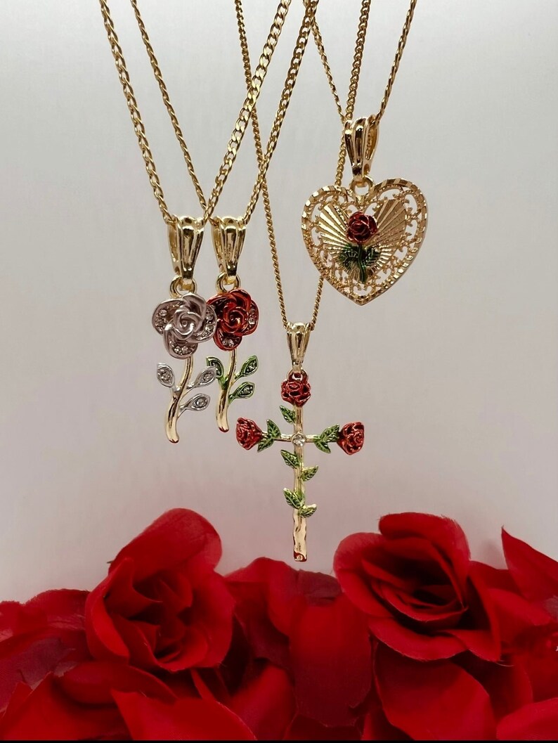 Gold Cross Pendant Necklace, Rose Cross Necklace, Pink Rose Cross ...