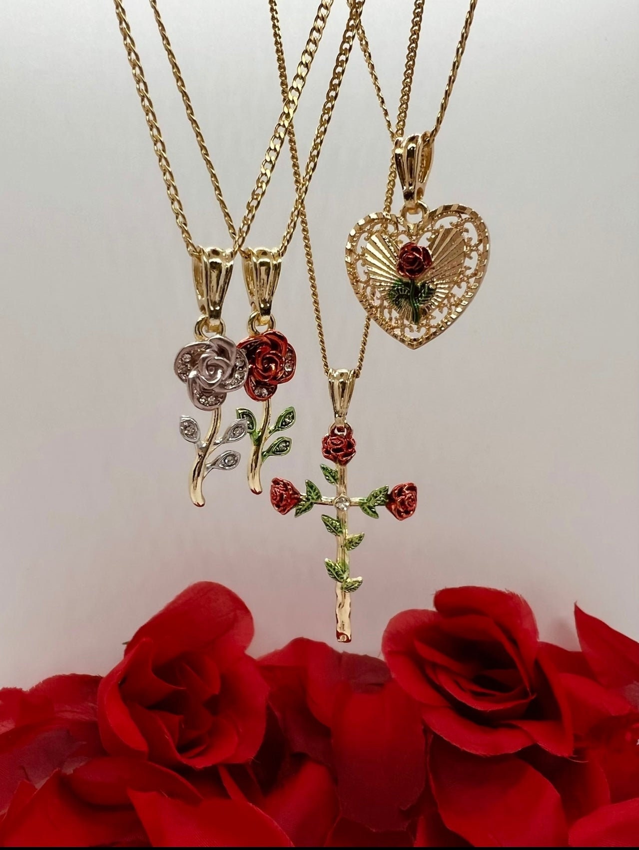 Gold Cross Pendant Necklace, Rose Cross Necklace, Pink Rose Cross ...