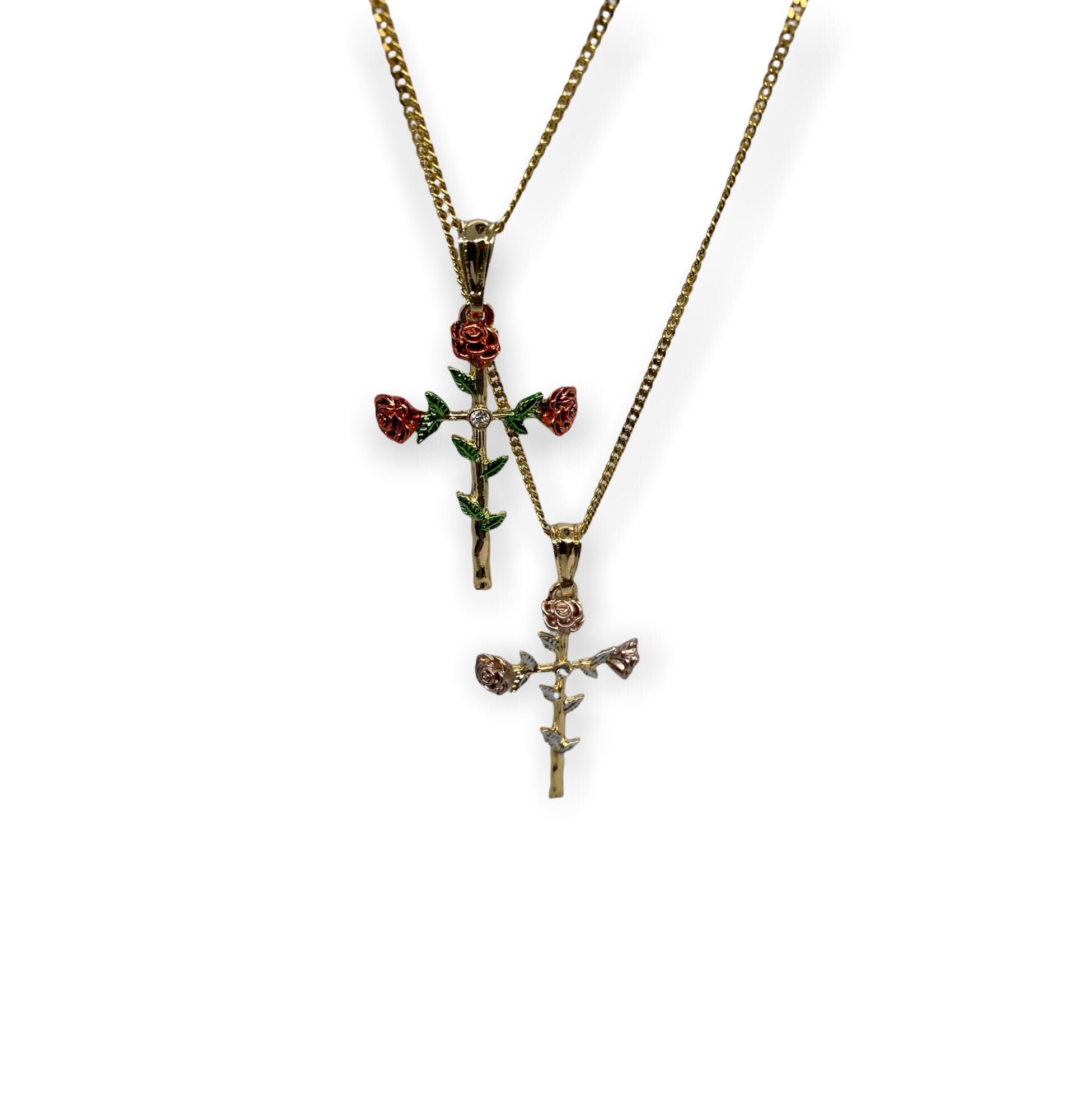 Gold Cross Pendant Necklace, Rose Cross Necklace, Pink Rose Cross ...