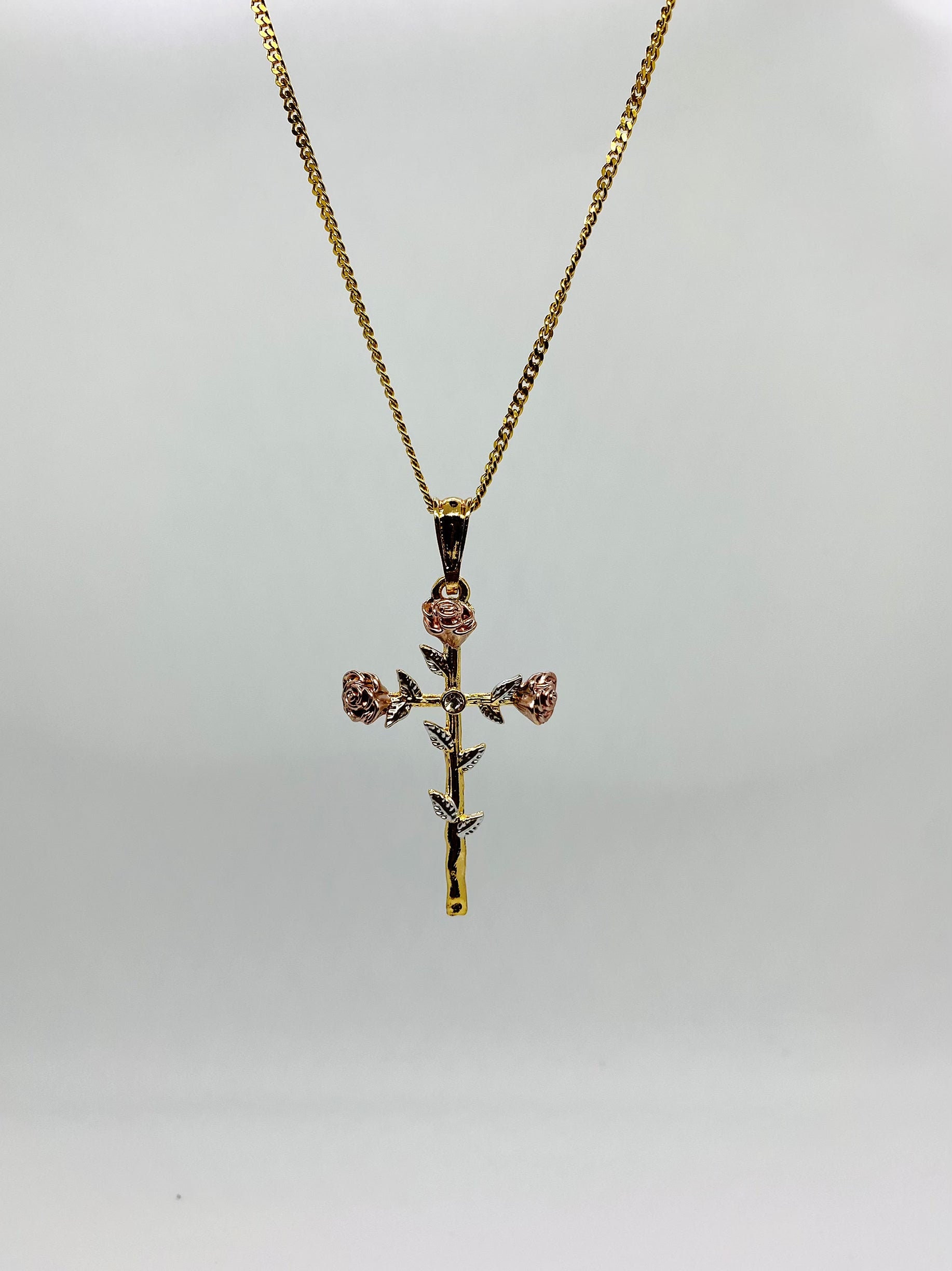 Gold Cross Pendant Necklace, Rose Cross Necklace, Pink Rose Cross ...