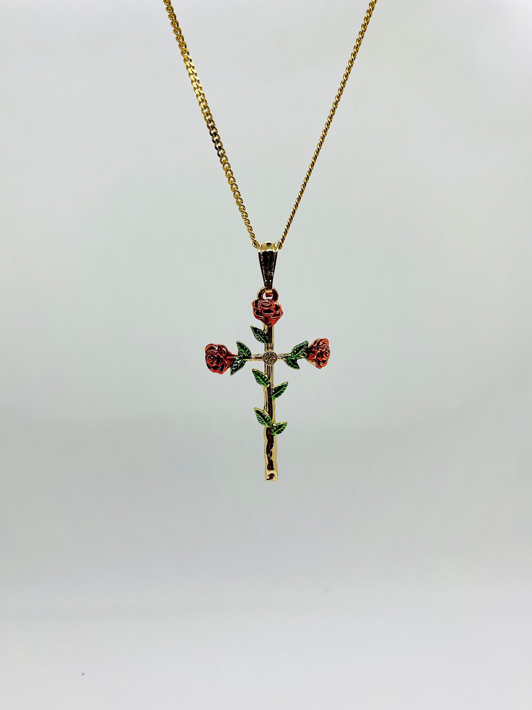 Gold Cross Pendant Necklace, Rose Cross Necklace, Pink Rose Cross ...