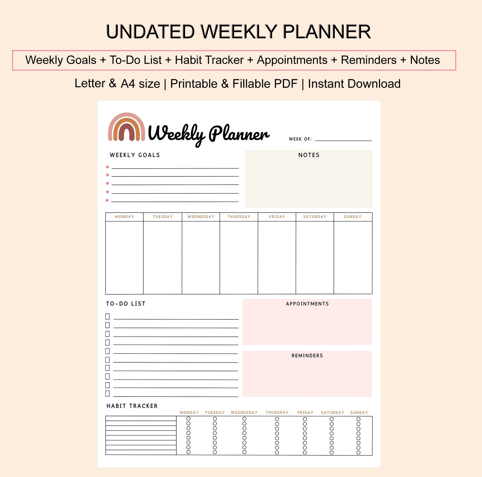 Undated Weekly Planner | Printable & Editable | Kids Weekly Planner ...