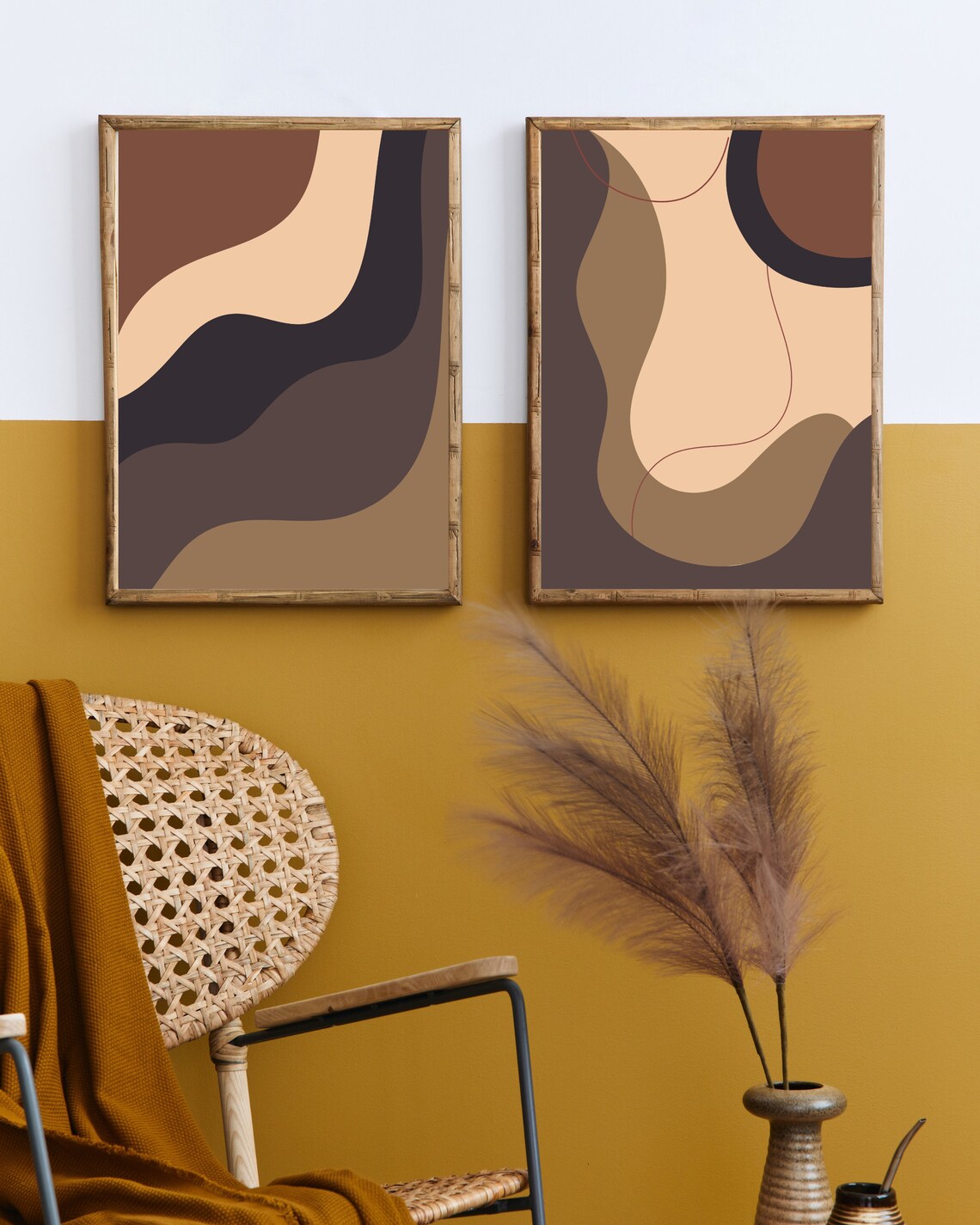 Set of 2/ Modern Abstract Pattern With Brown Graphics Color Art, Mid ...