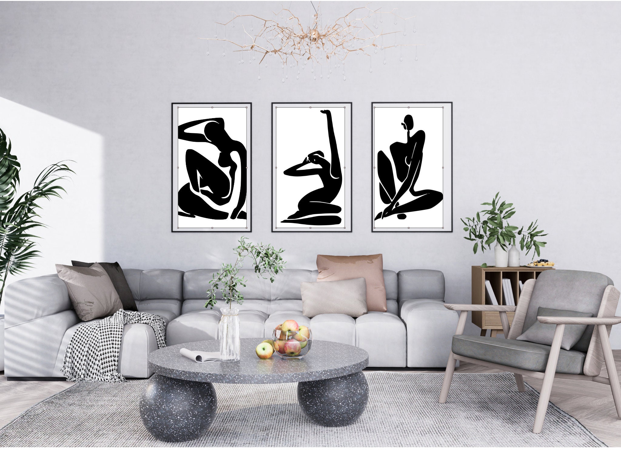 Digital Set of 3 /abstract Black White Set Prints, Female Body Wall Art ...