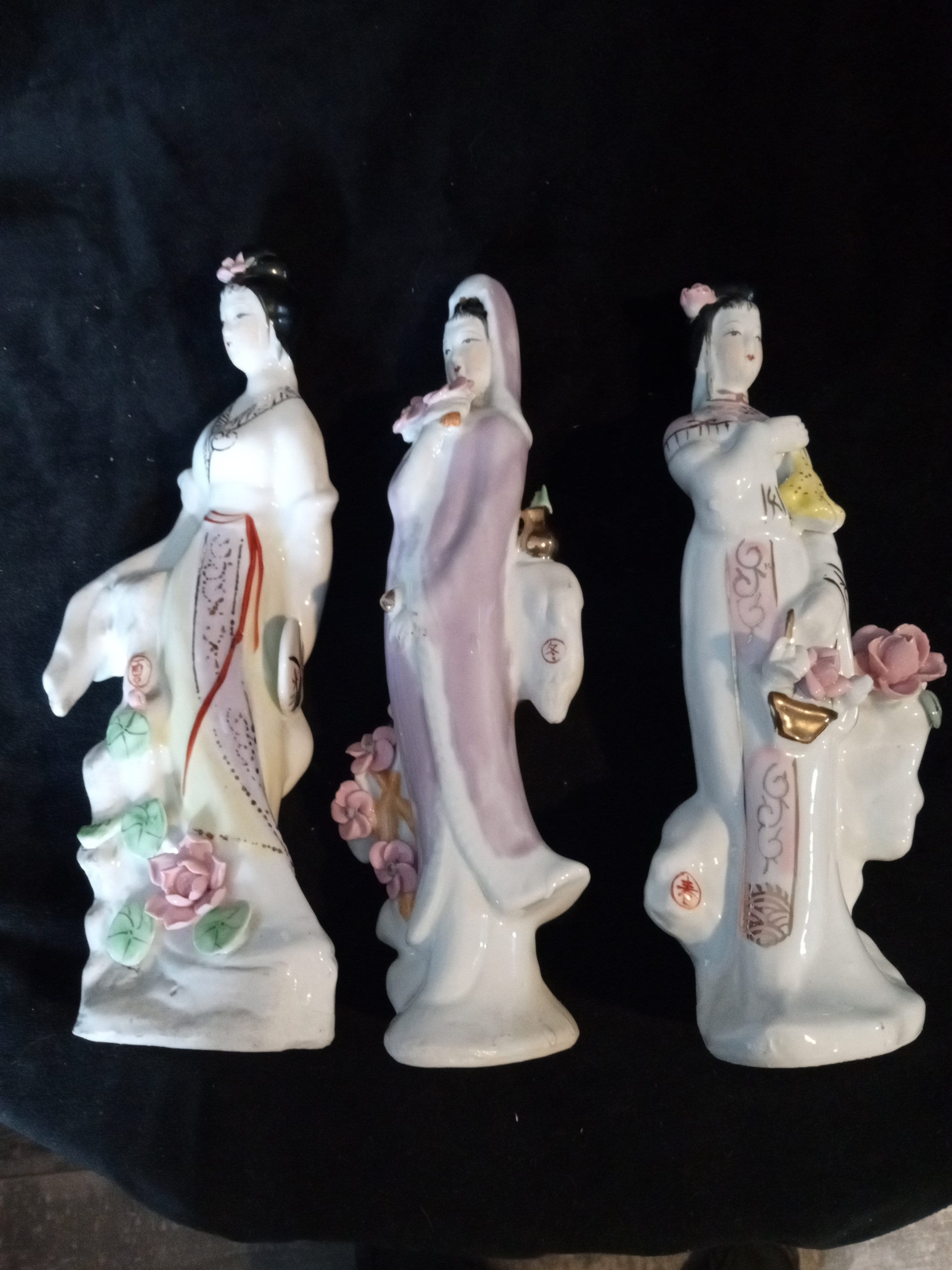 Trio of Porcelain Geisha Girl Figurines Purples Pinks Florals Gold ...
