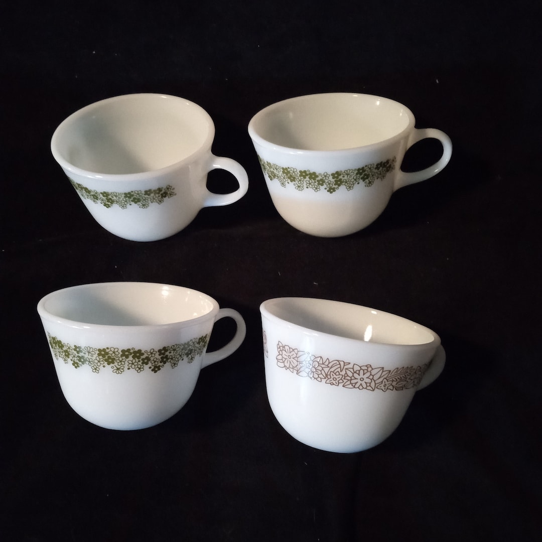 Vintage Lot of 4 Pyrex Coffee Cups - 3 Green Flowers and 1 Woodland ...