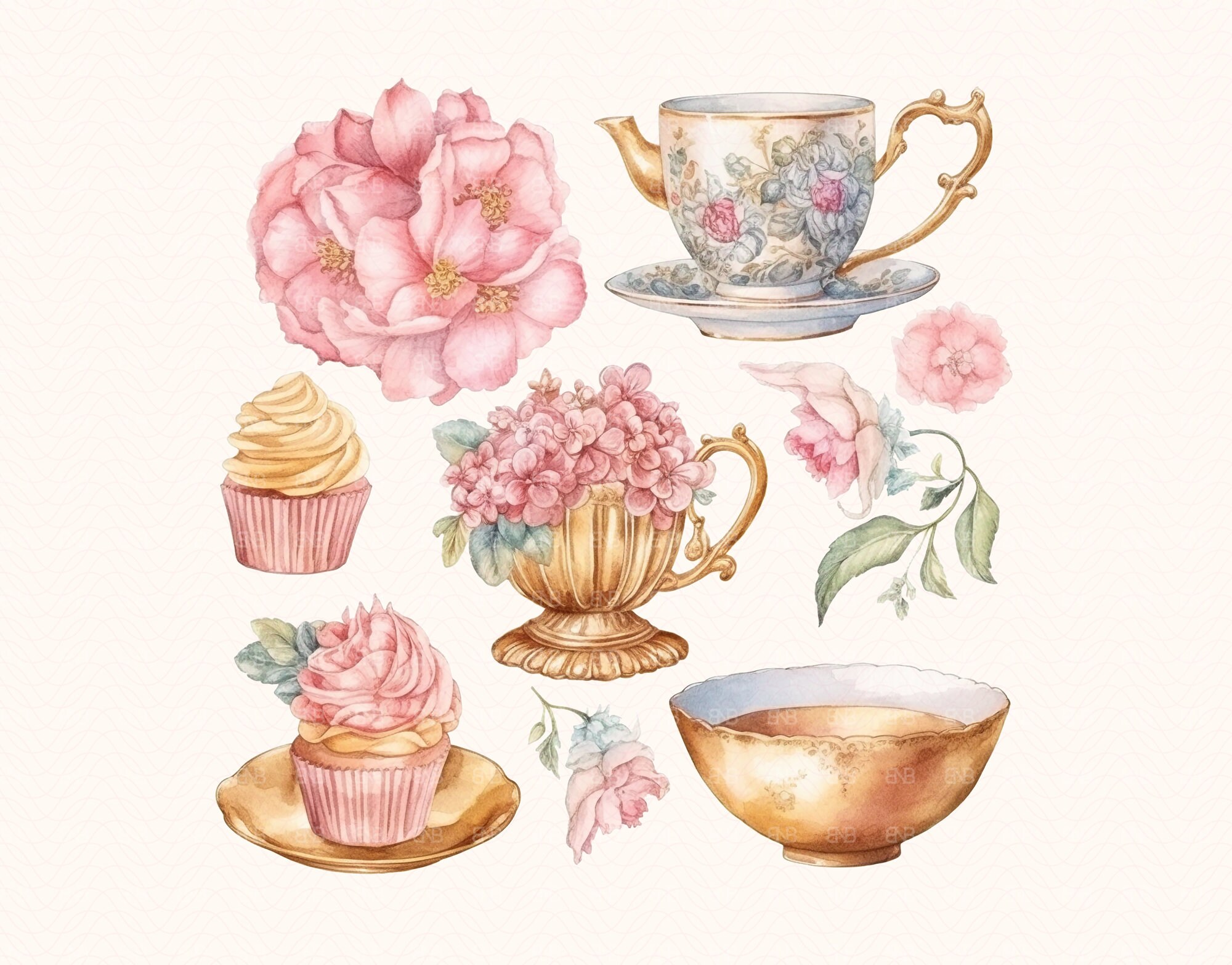 Watercolor Tea Party Clipart, Commercial Use, Transparent Pngs, Floral ...