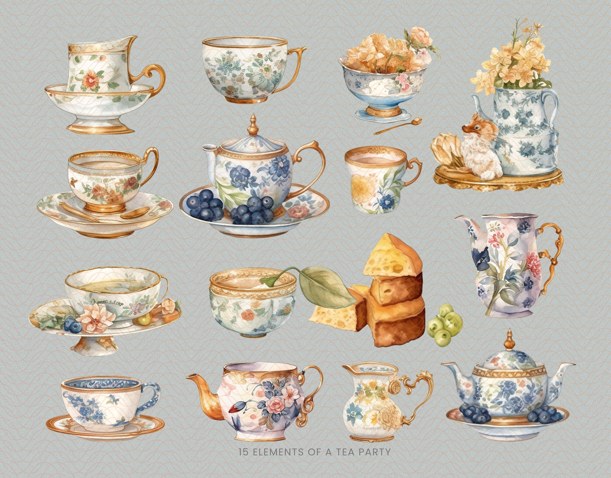 Watercolor Tea Party Clipart, Commercial Use, Transparent Pngs, Floral ...