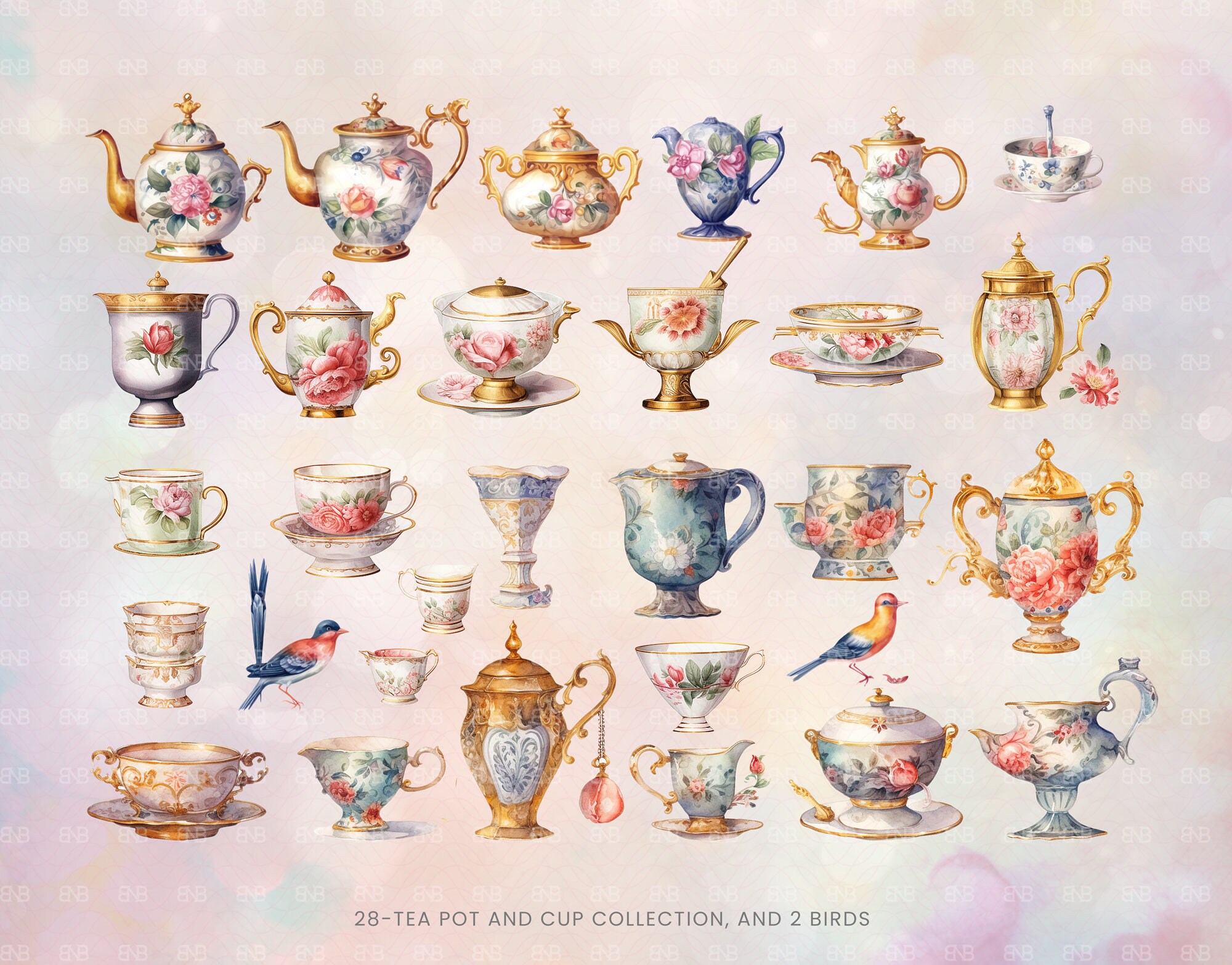 Watercolor Tea Party Clipart, Commercial Use, Transparent Pngs, Floral ...