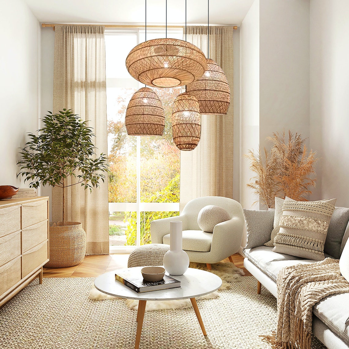 HK High Quality Rattan Pendant Light for Living Room, Bedroom, Office ...