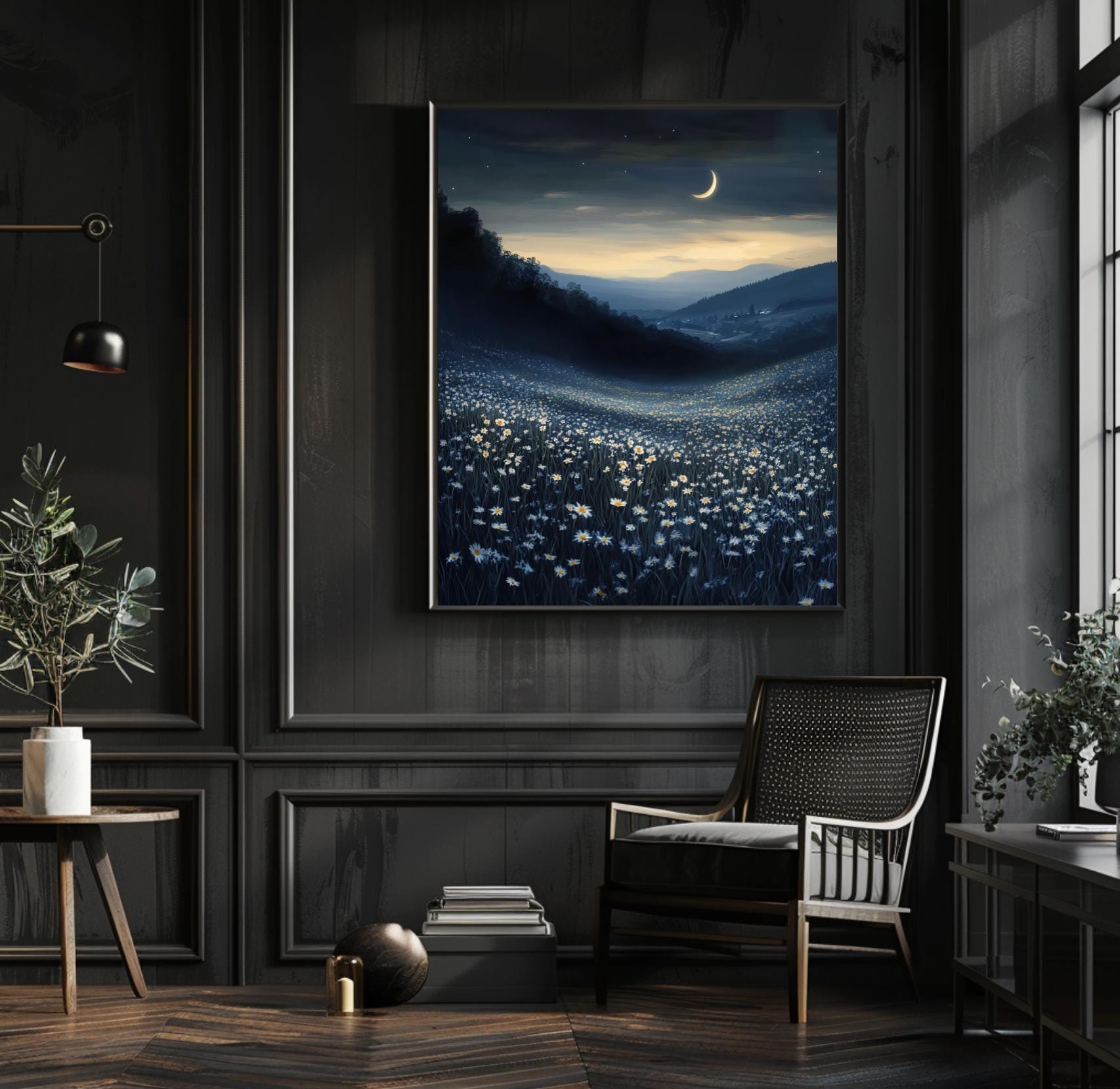 Moonlight Over Flower Fields Print, Dark Art Poster, Cottagecore Print ...