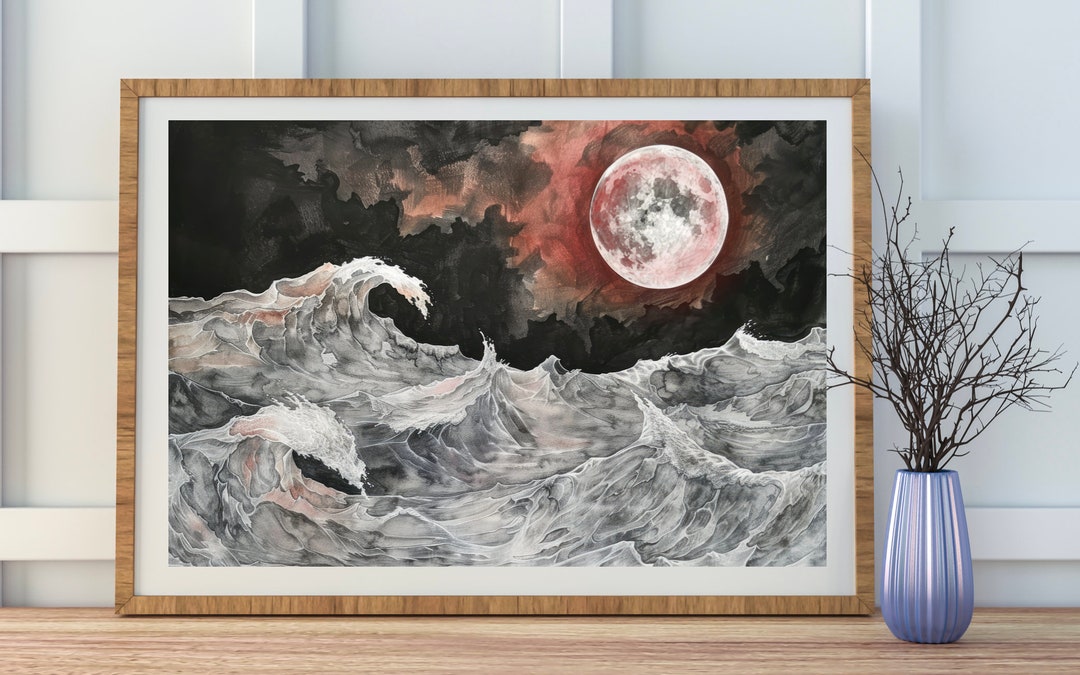 Blood Moon Seascape Art Print, Ethereal Noir Whimsigoth Poster - Etsy