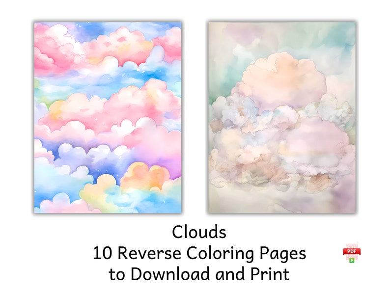 Skyward Serenity: 10 Cloud Designs Reverse Coloring Pages Bundle for ...