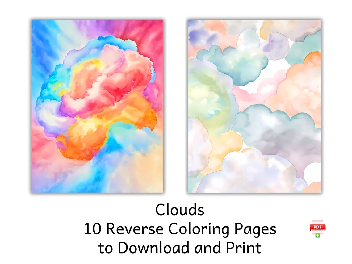 Skyward Serenity: 10 Cloud Designs Reverse Coloring Pages Bundle for ...