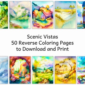 Scenic Vistas: 50 Unique Watercolor Reverse Coloring Pages of ...