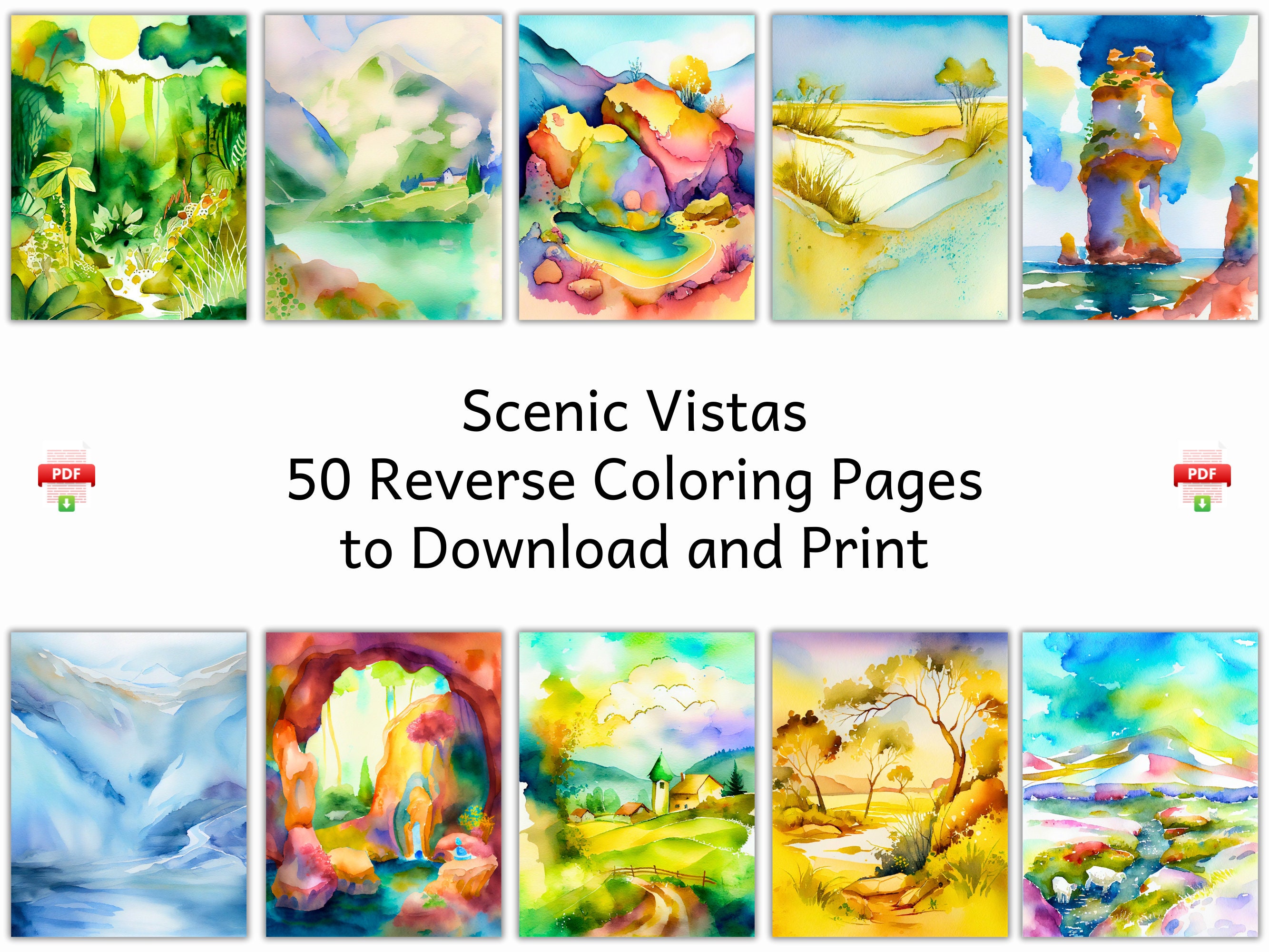 Scenic Vistas: 50 Unique Watercolor Reverse Coloring Pages of ...