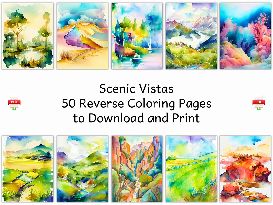 Scenic Vistas: 50 Unique Watercolor Reverse Coloring Pages of ...