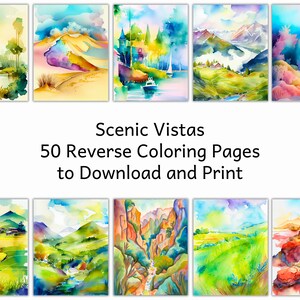 Scenic Vistas: 50 Unique Watercolor Reverse Coloring Pages of ...