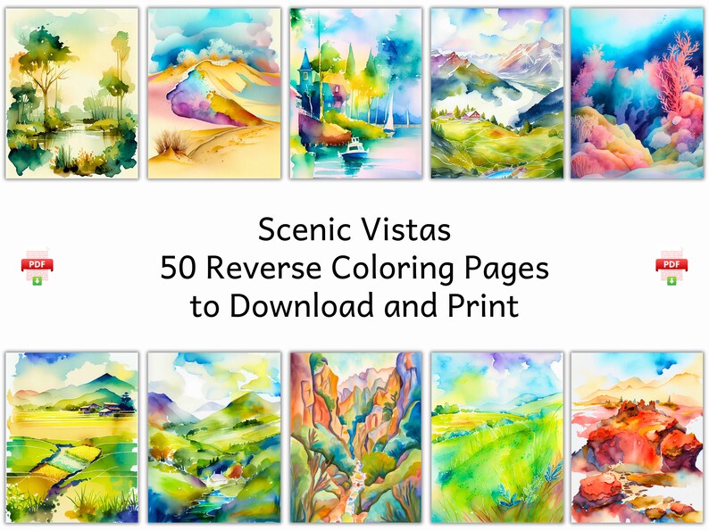 Scenic Vistas: 50 Unique Watercolor Reverse Coloring Pages of ...