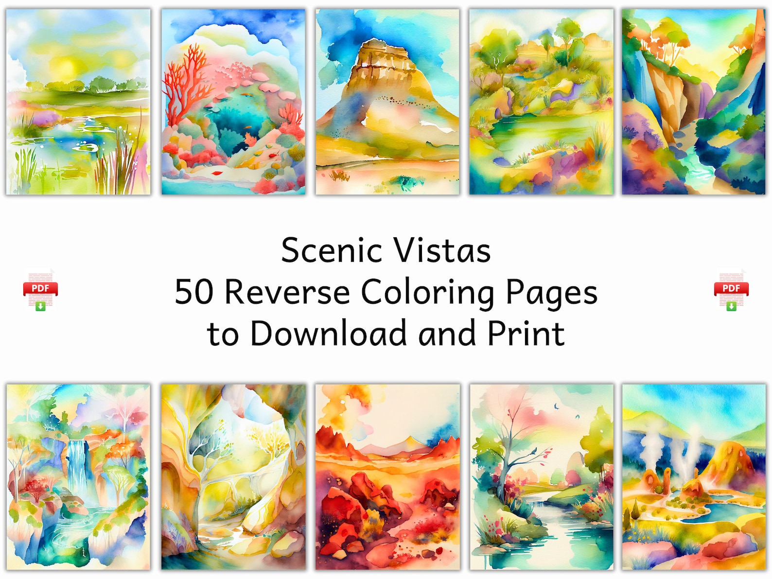 Scenic Vistas: 50 Unique Watercolor Reverse Coloring Pages of ...