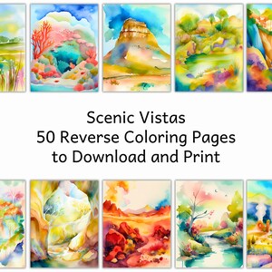Scenic Vistas: 50 Unique Watercolor Reverse Coloring Pages of ...