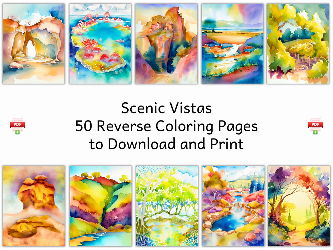 Scenic Vistas: 50 Unique Watercolor Reverse Coloring Pages of ...