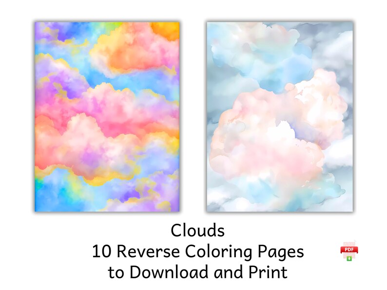 Skyward Serenity: 10 Cloud Designs Reverse Coloring Pages Bundle for ...