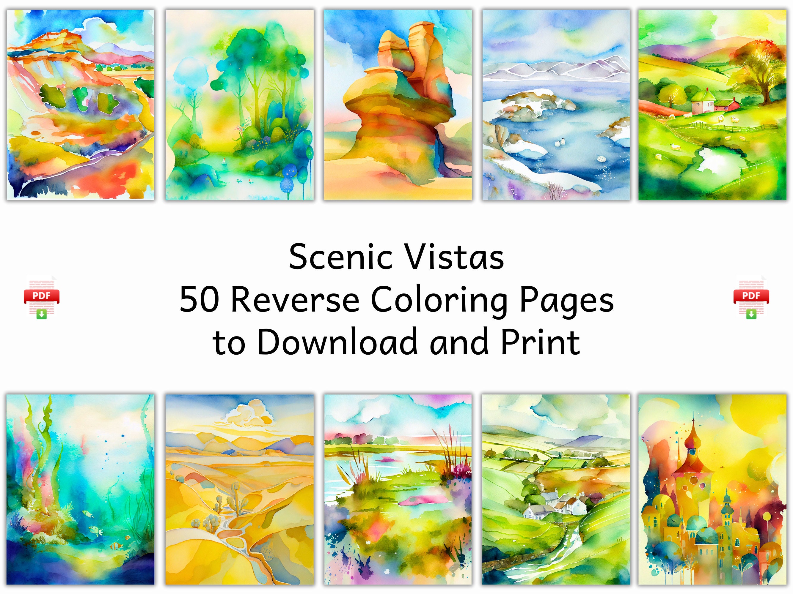 Scenic Vistas: 50 Unique Watercolor Reverse Coloring Pages of ...