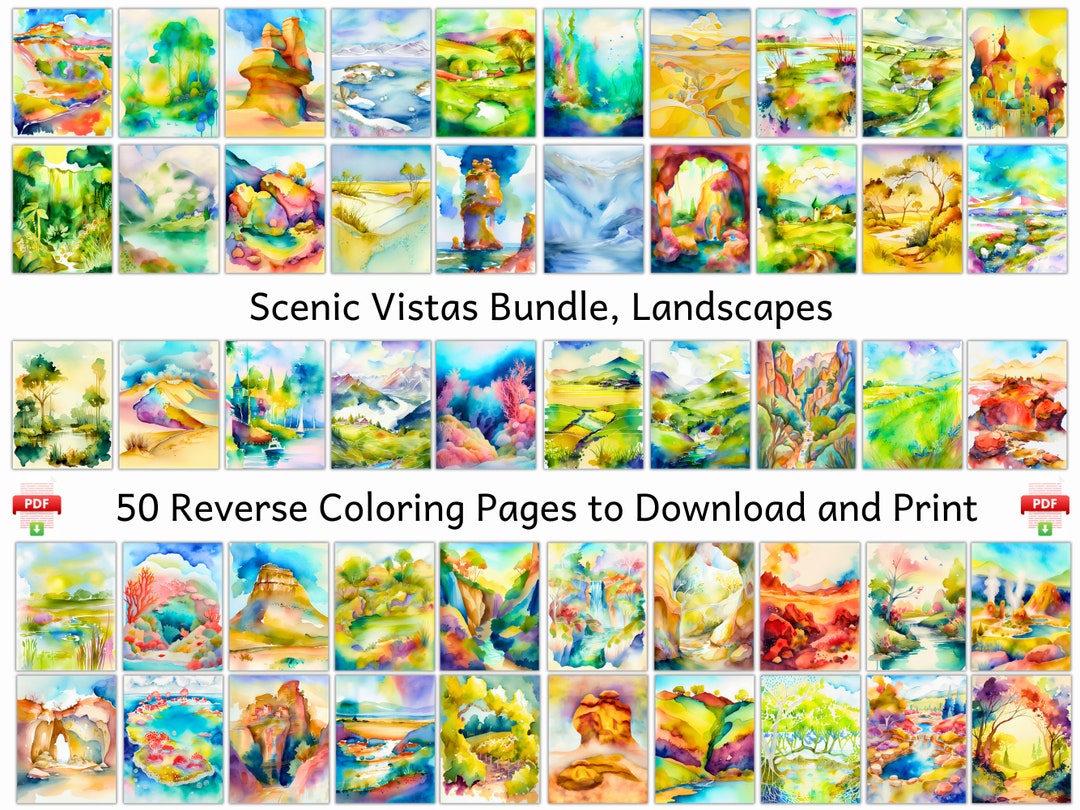 Scenic Vistas: 50 Unique Watercolor Reverse Coloring Pages of ...