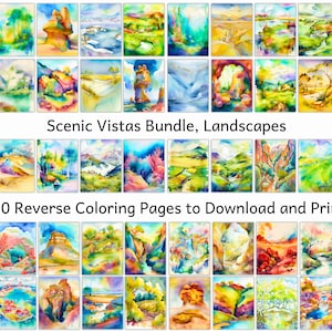 Scenic Vistas: 50 Unique Watercolor Reverse Coloring Pages of ...
