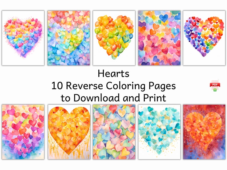 Passionate Palette: Heart Themed 10 Reverse Coloring Pages Bundle. You ...