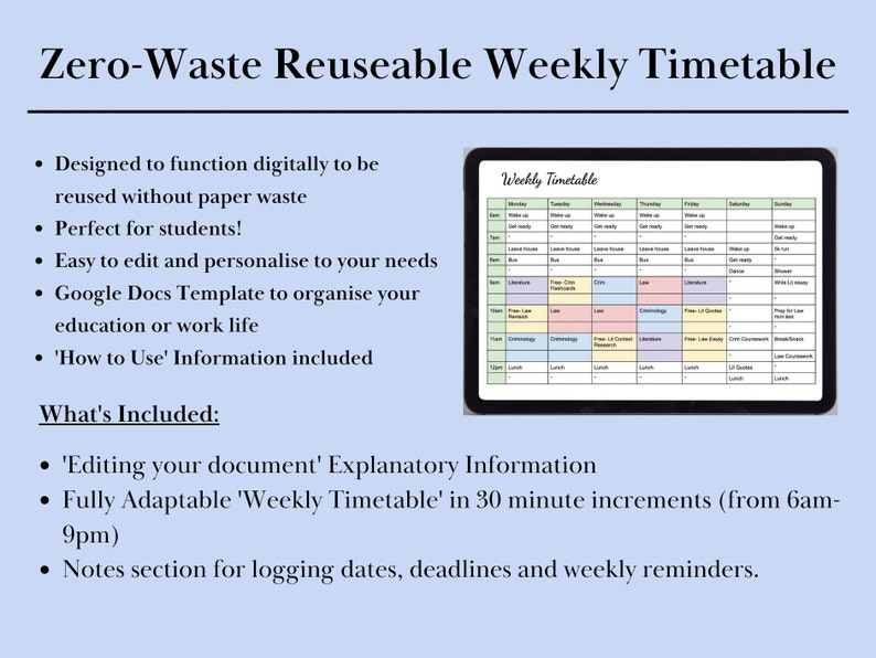 Digital Weekly Timetable Template, Reuseable and Zero-waste - Etsy