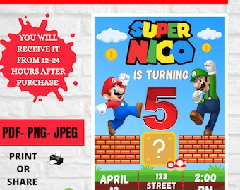 Super Mario Custom Birthday Invitation, Personalized Mario Invitation ...