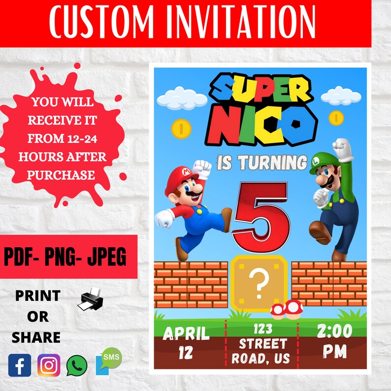 MARIO CUSTOM INVITATION - Etsy